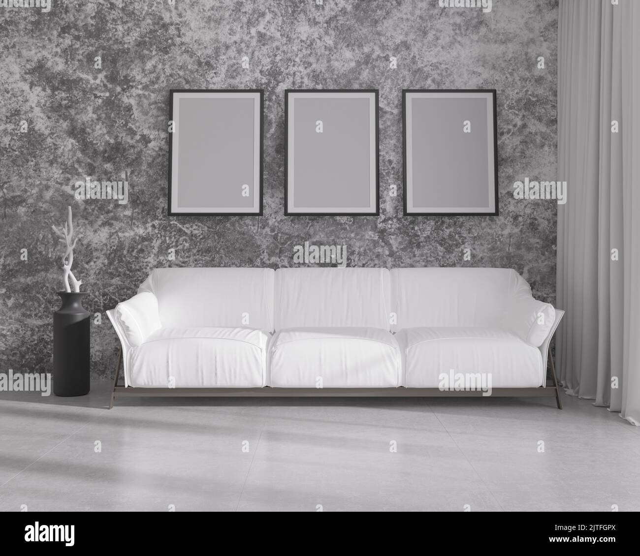 3d illustration. Black and white minimalist interior, living room ...