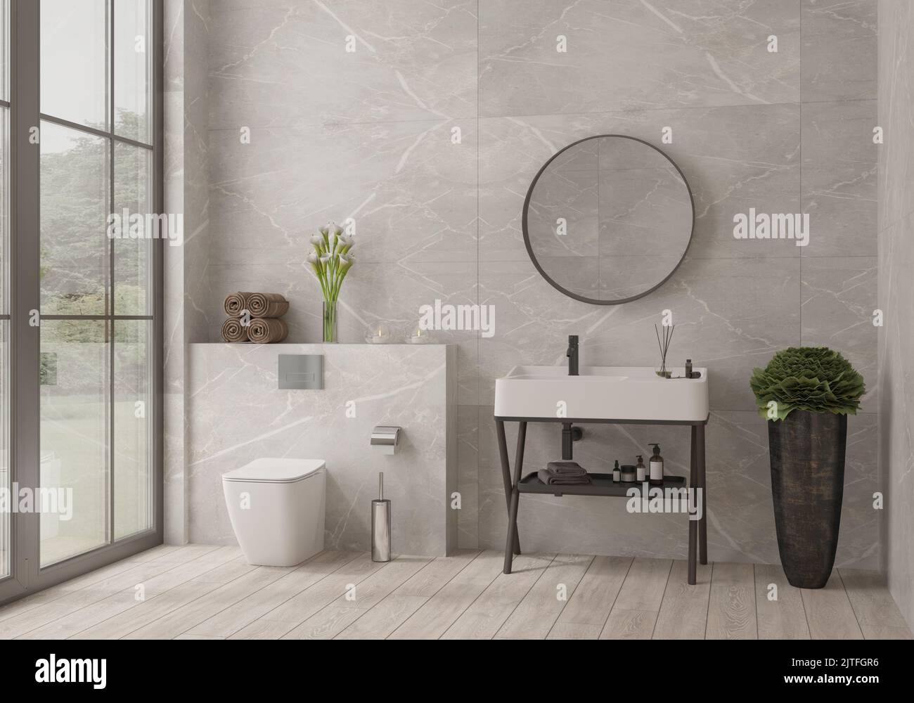 3d illustration. Stylish bathroom interior with marble walls, wooden ...
