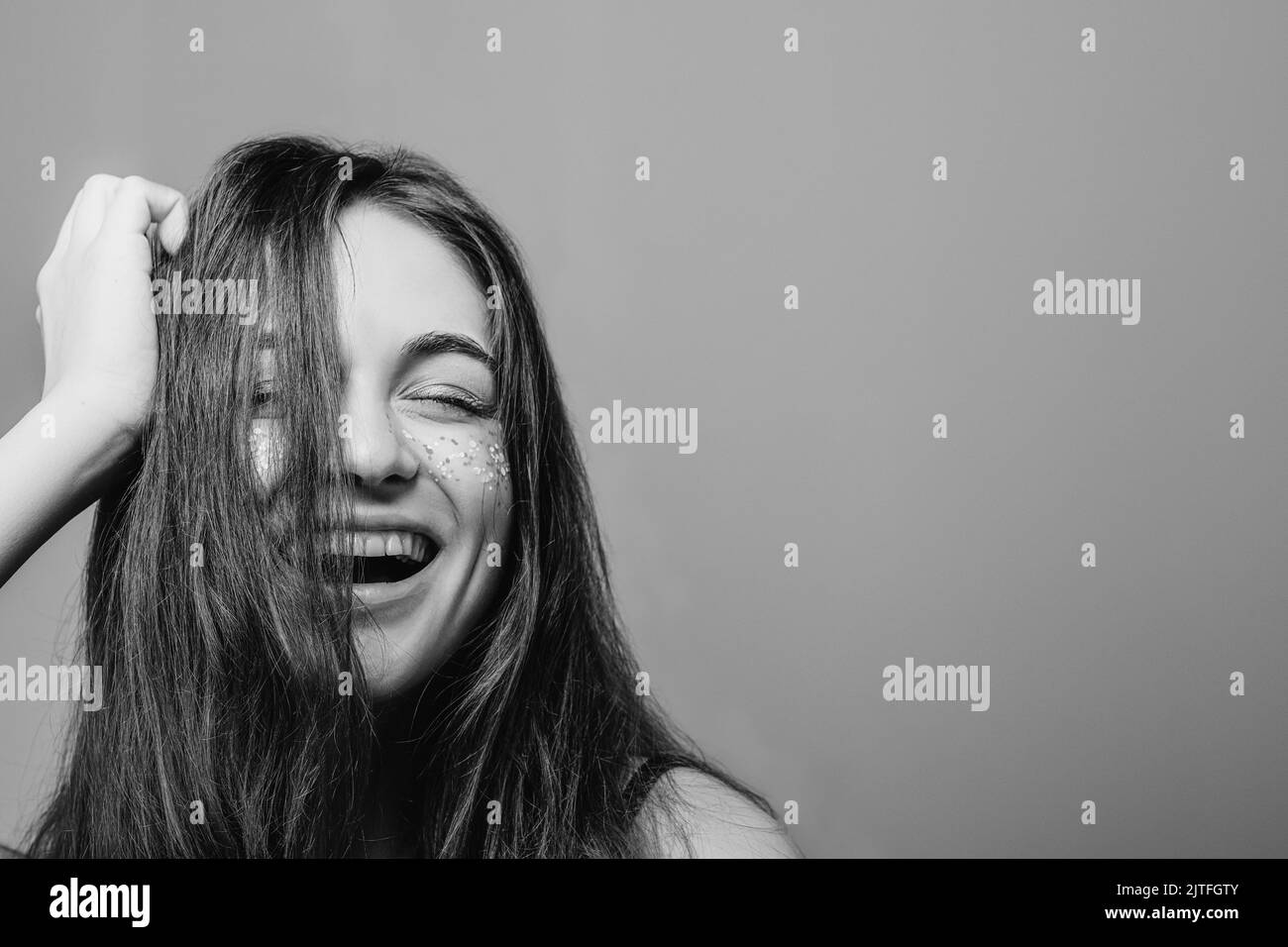 happy young woman portrait freedom black white Stock Photo - Alamy