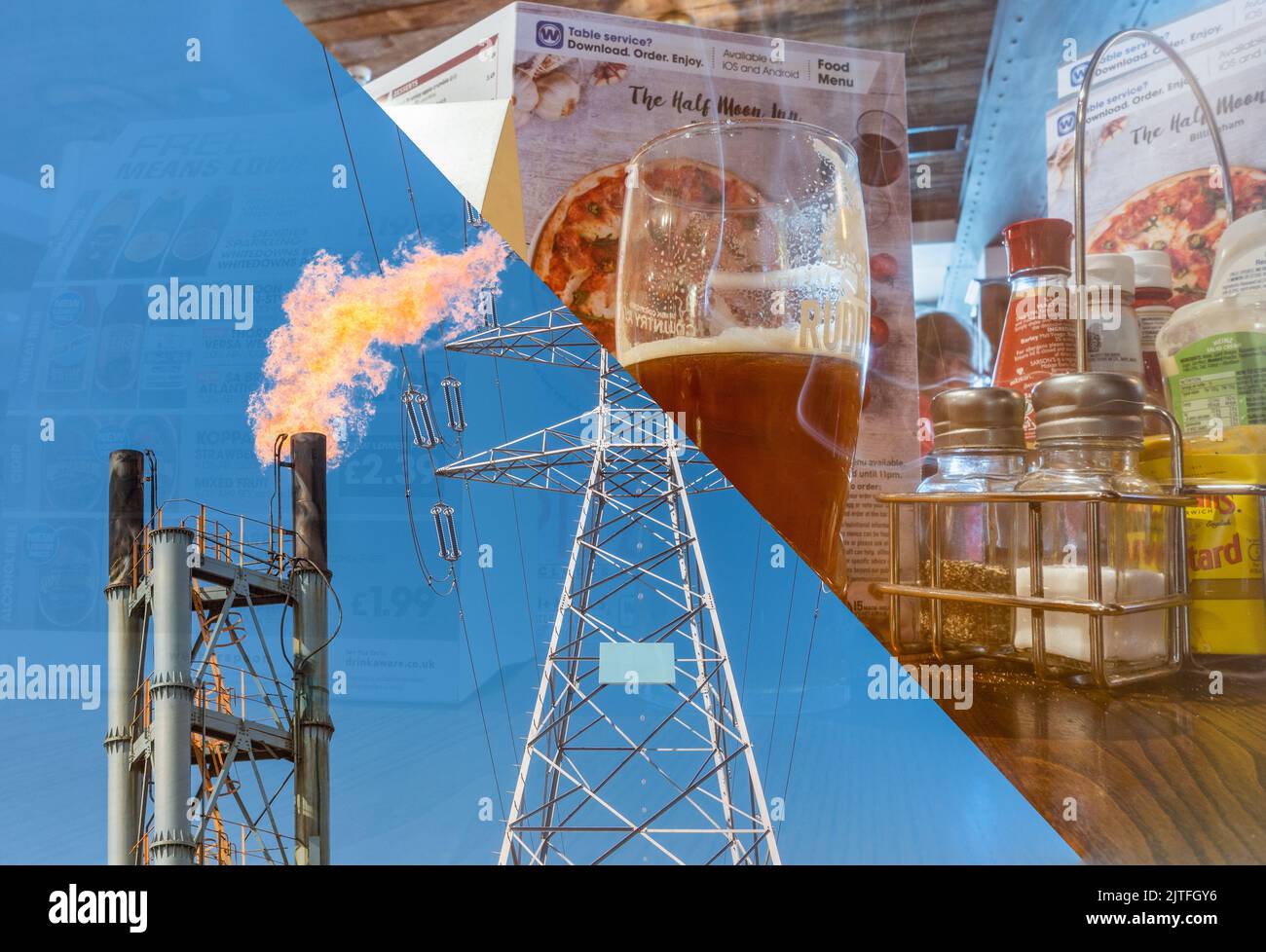Pint of beer in UK pub with gas, electricity pylon image overlayed ... Pint of beer in UK pub with gas, electricity pylon image overlayed ...