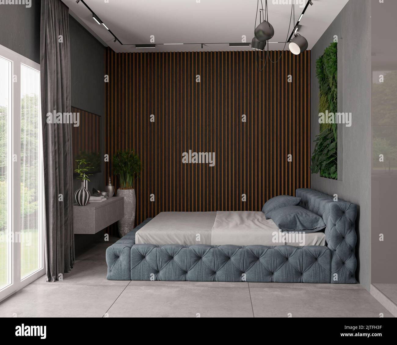 Stylish loft-style bedroom in a country house, marble floor and walls ...