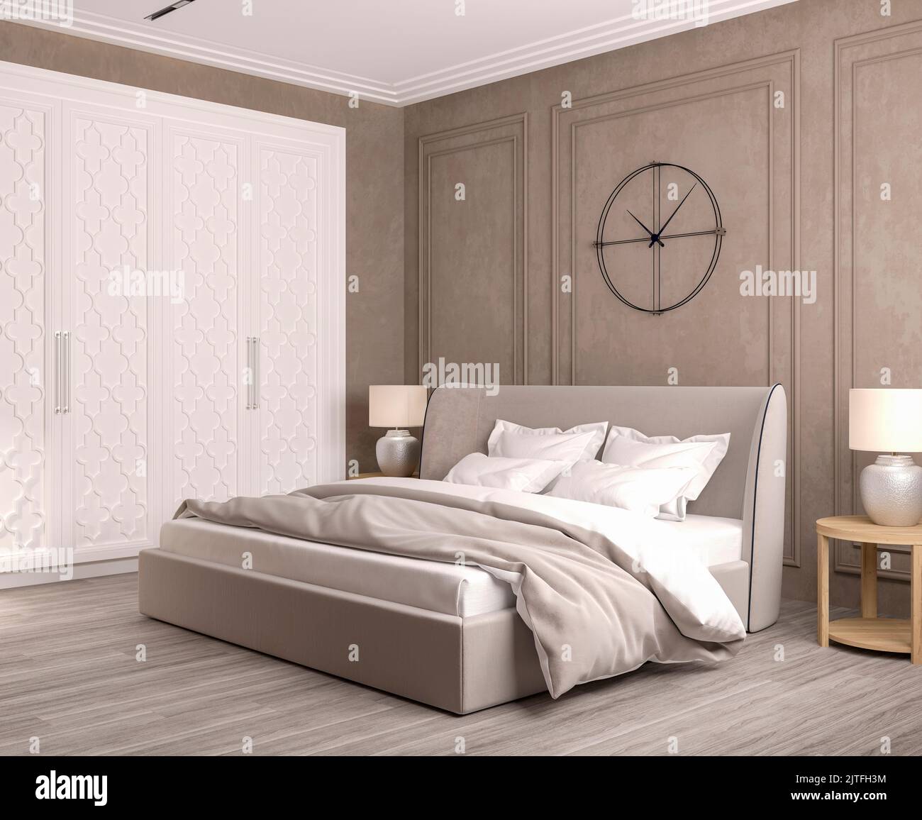 3d illustration. Stylish bedroom in light pastel colors, moldings on ...