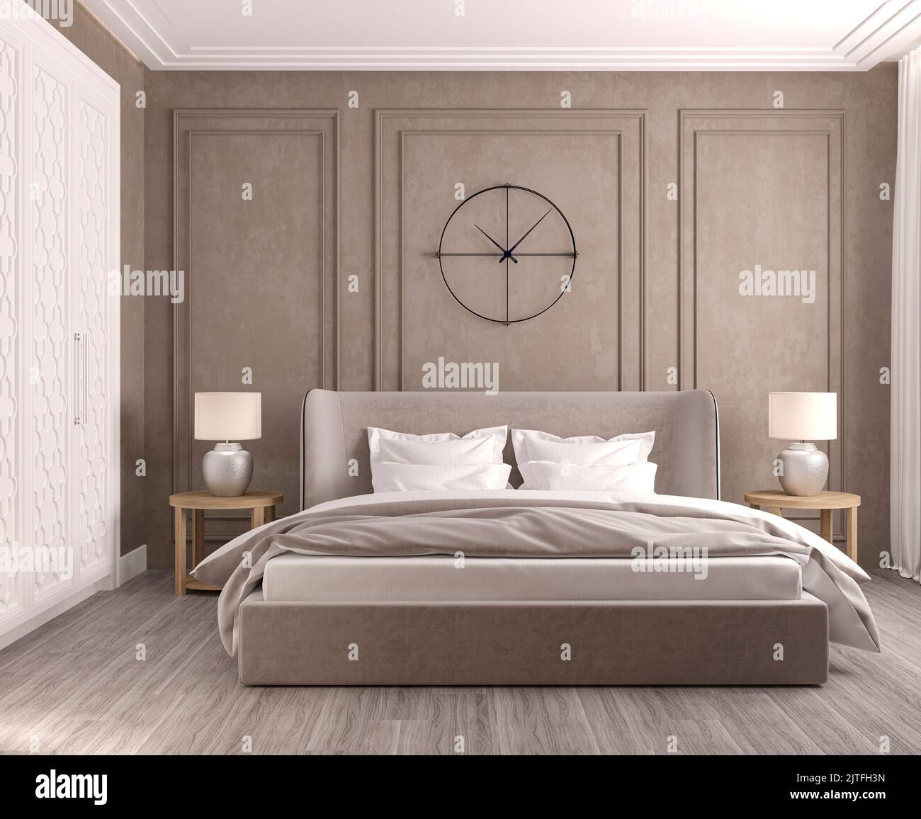 3d illustration. Stylish bedroom in light pastel colors, moldings on ...