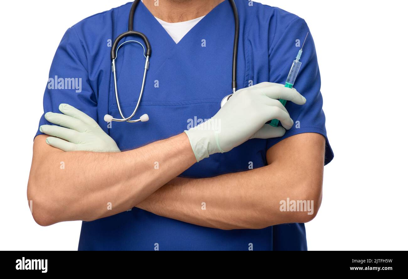 close up of male doctor in gloves with syringe Stock Photo - Alamy