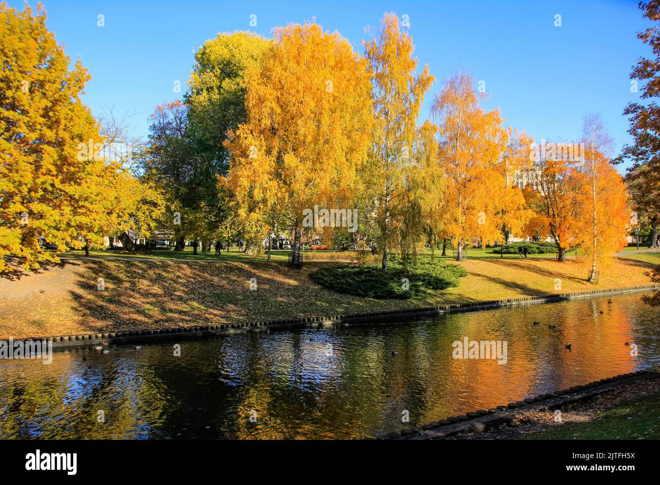 Indian summer in Riga, the capital of Latvia. View of the city channel ...