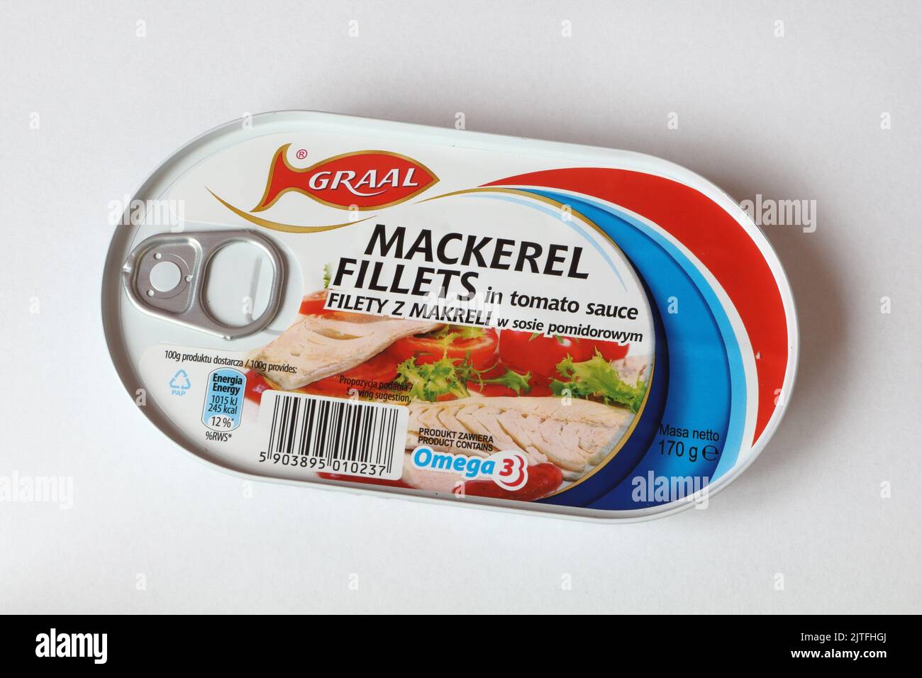 A tin of Graal Mackerel fillets. Polish food company, flat tin can with ...