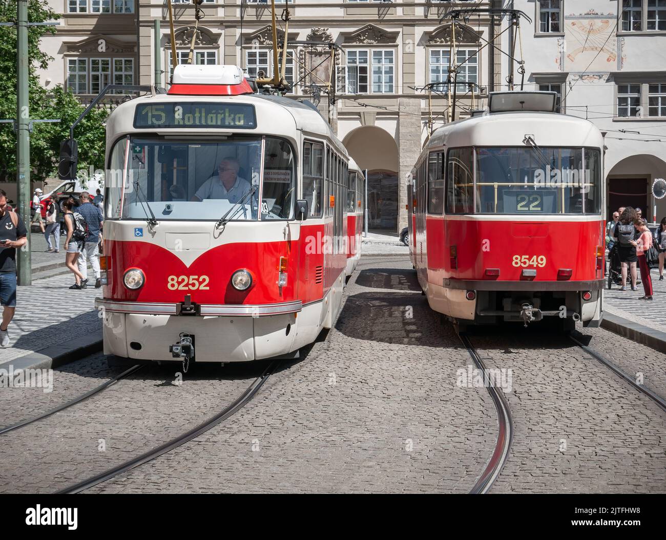 Prague, Czech Republic - June 2022: Red vintage tram public transport ...