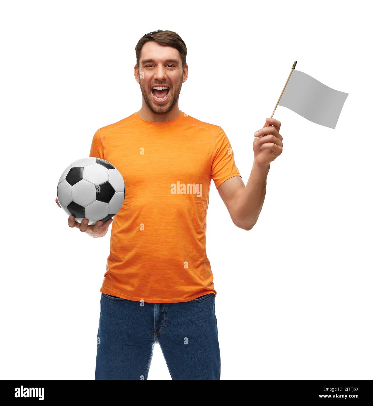 man or football fan with soccer ball and flag Stock Photo - Alamy