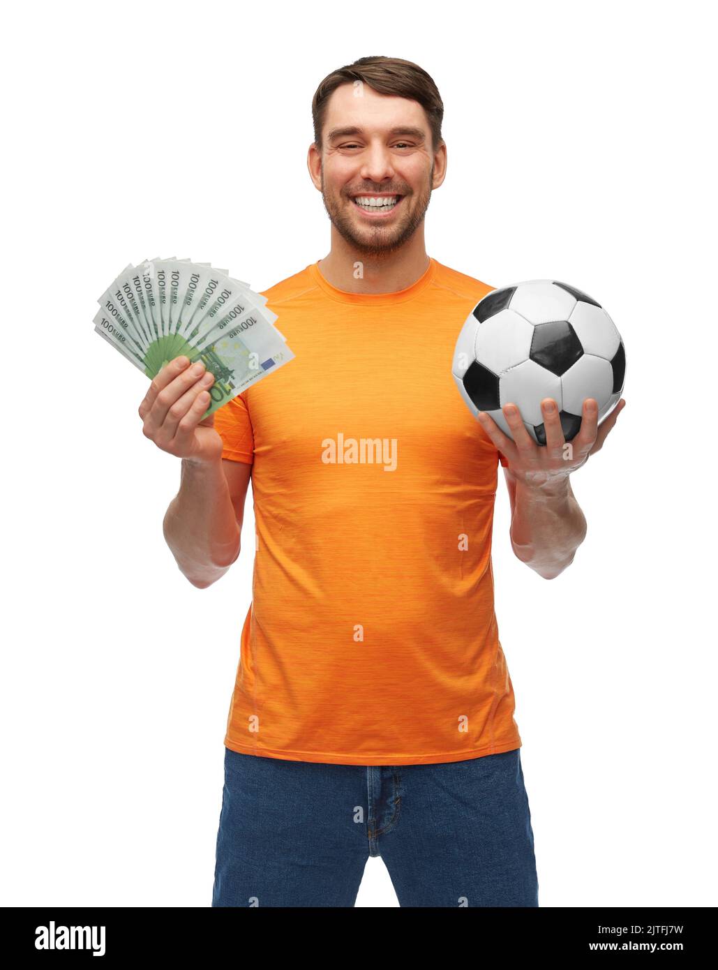 happy football fan with soccer ball and money Stock Photo - Alamy
