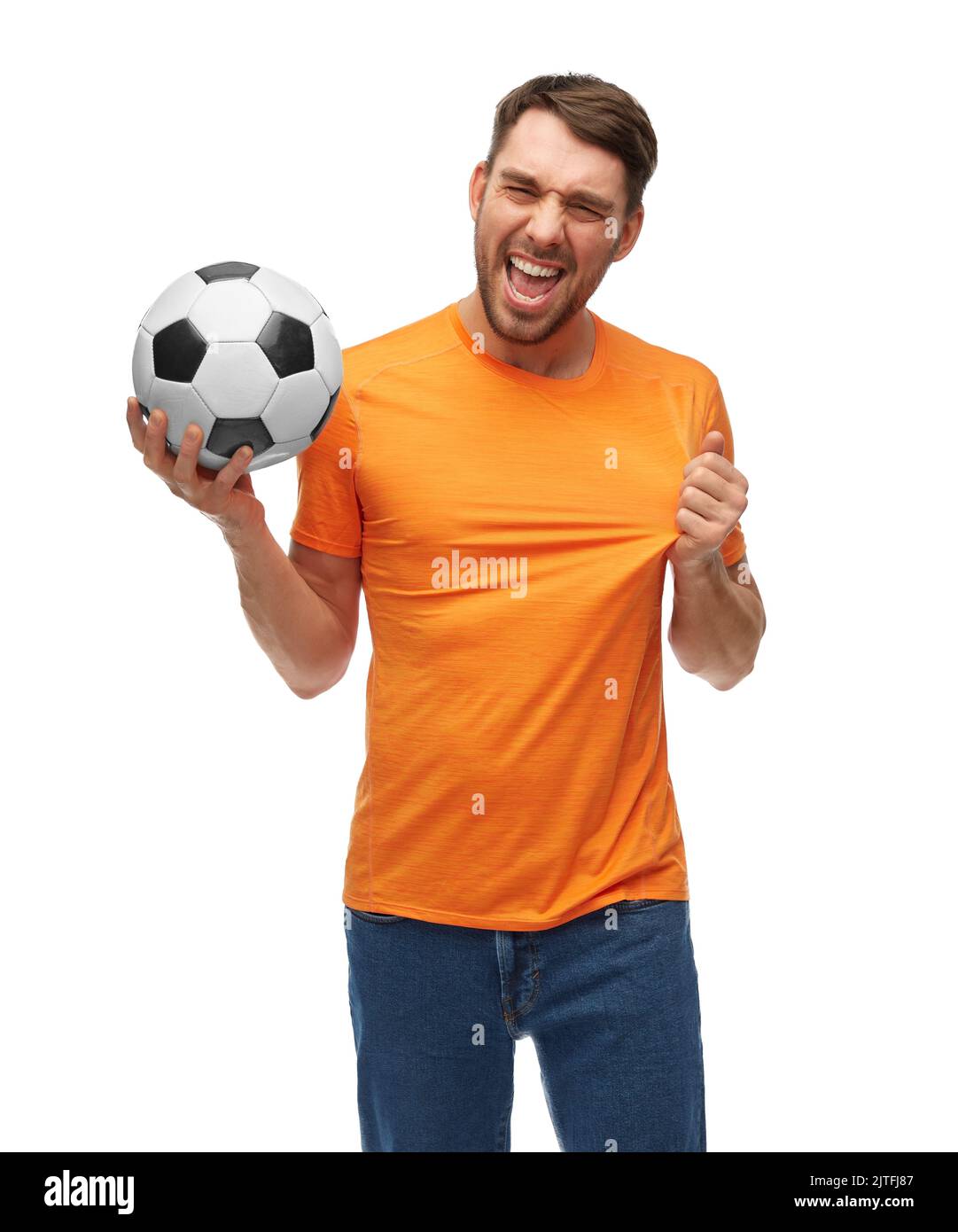 happy smiling man or football fan with soccer ball Stock Photo - Alamy