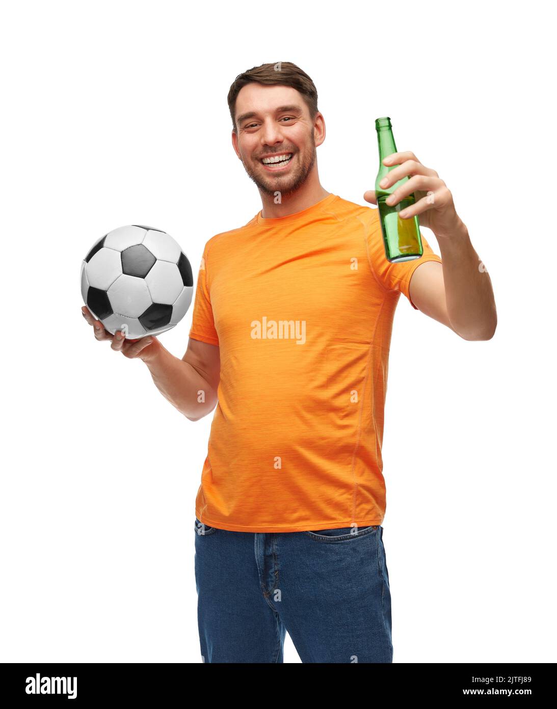 happy football fan with soccer ball and beer Stock Photo - Alamy