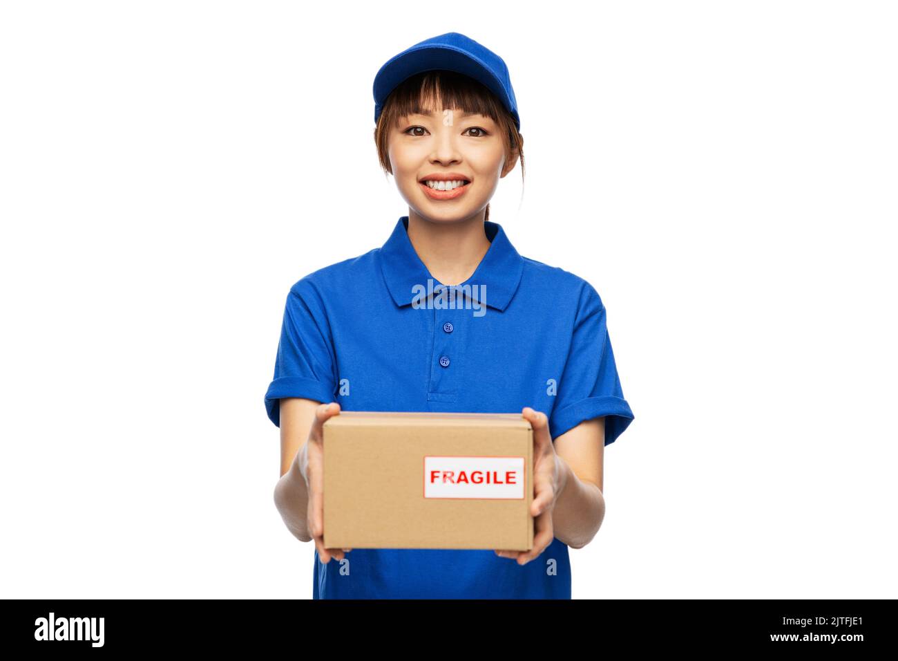 happy smiling delivery woman holding parcel box Stock Photo - Alamy