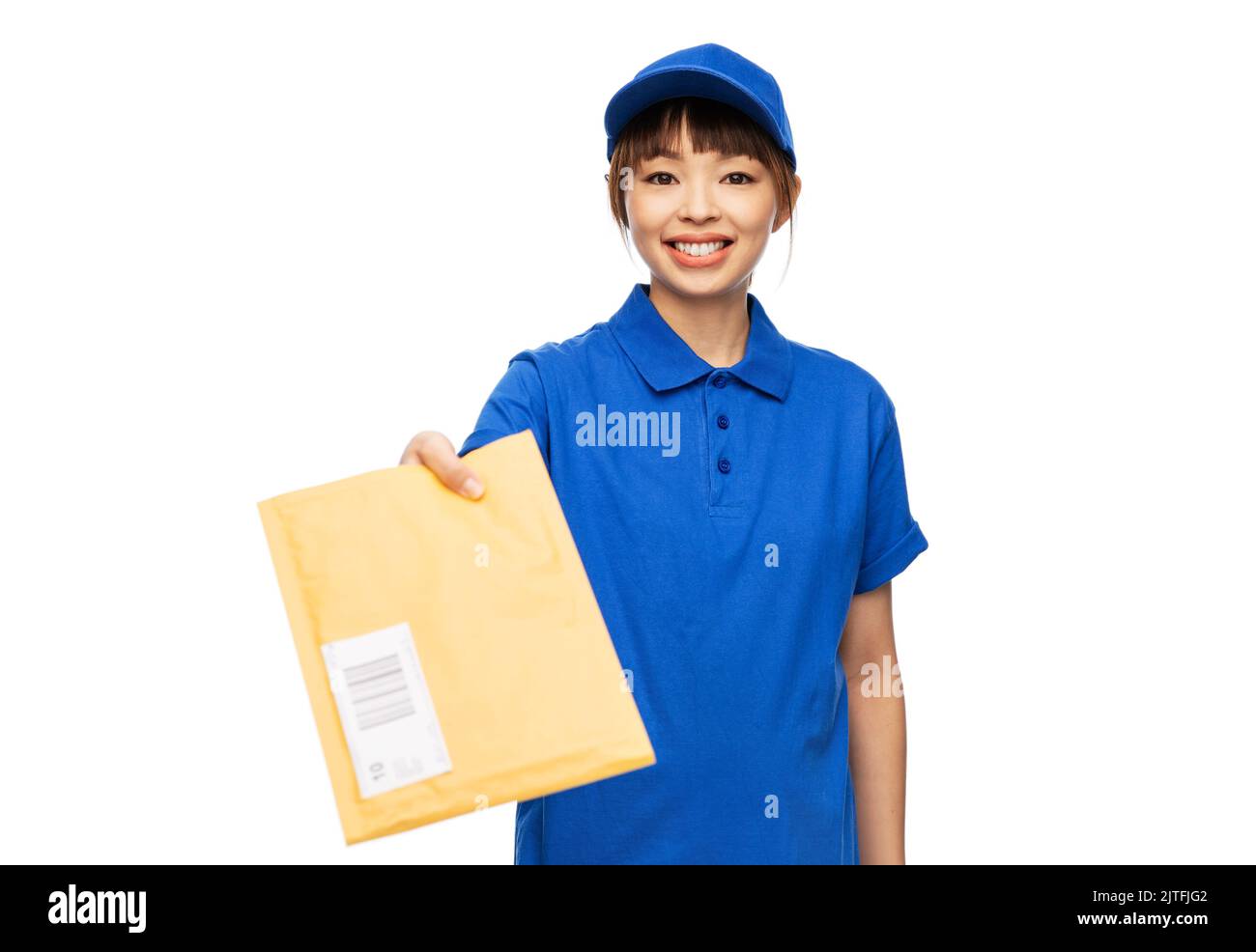 happy delivery woman holding parcel envelope Stock Photo - Alamy