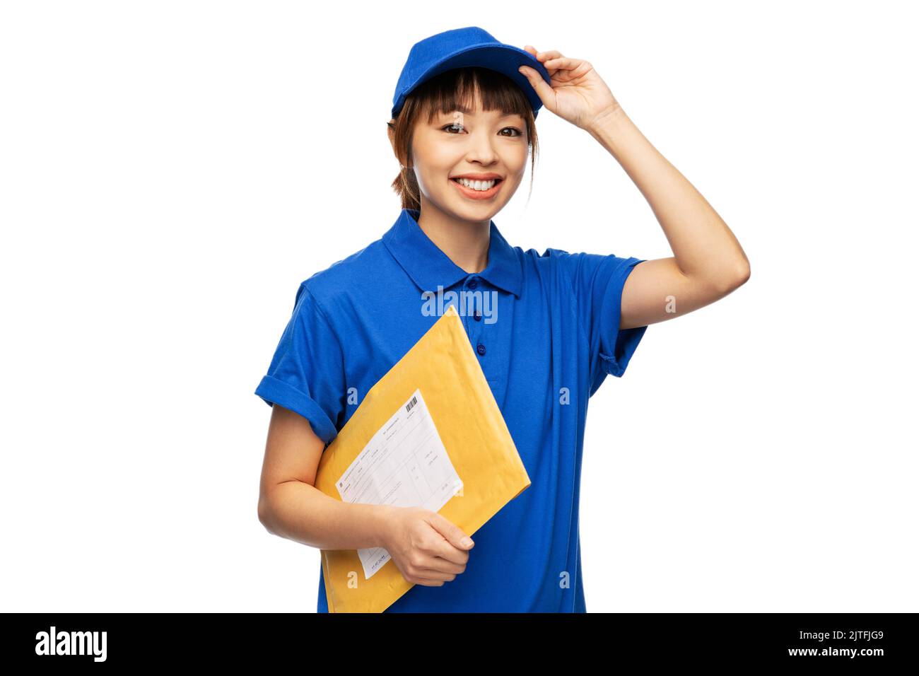 happy delivery woman holding parcel envelope Stock Photo - Alamy