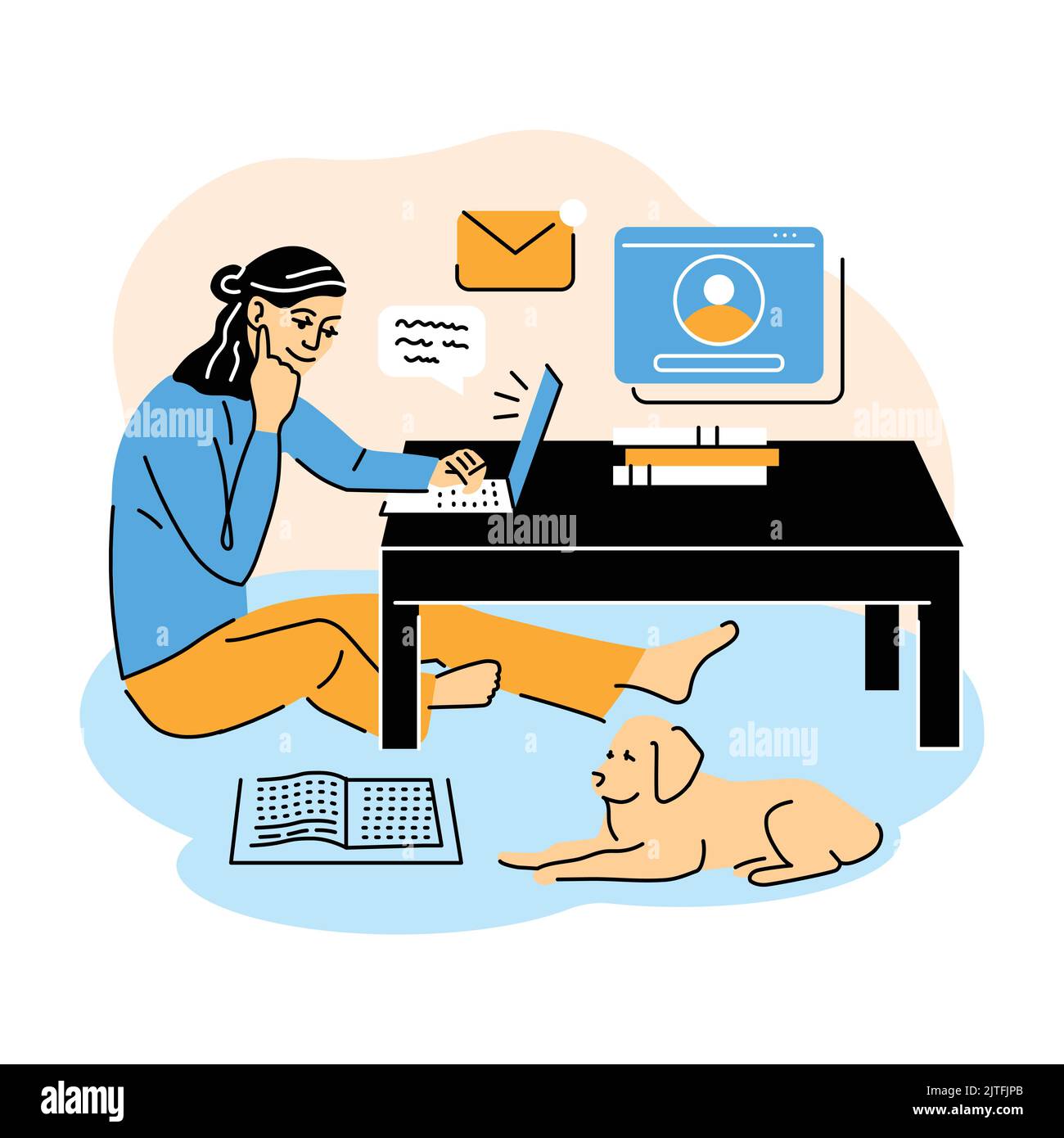 Female sitting flat vector illustration. Distance learning. Isolated ...