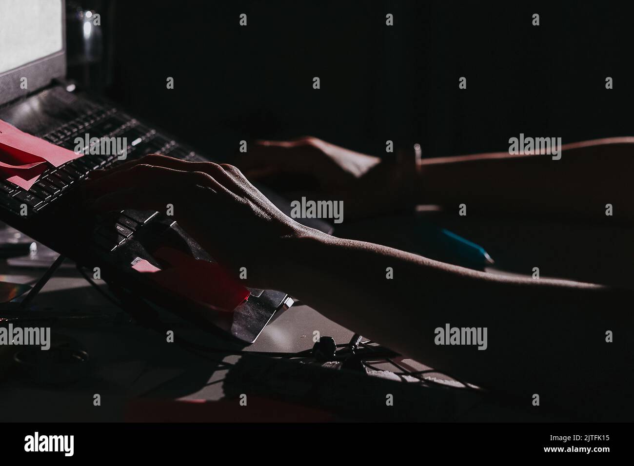 female hacker at laptop online at night. cyber security concept Stock ...