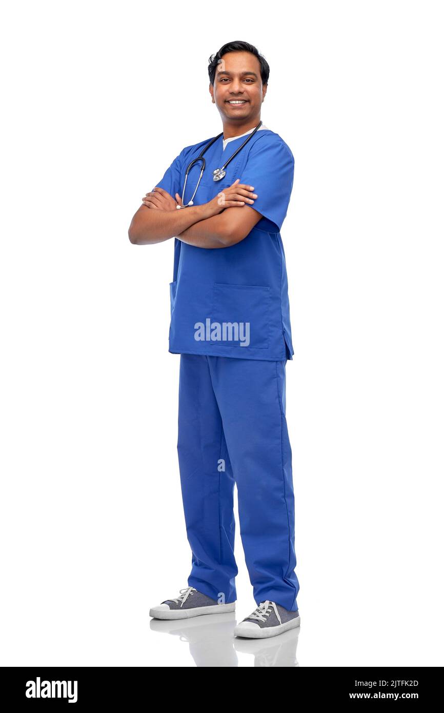 happy indian doctor or male nurse in blue uniform Stock Photo - Alamy