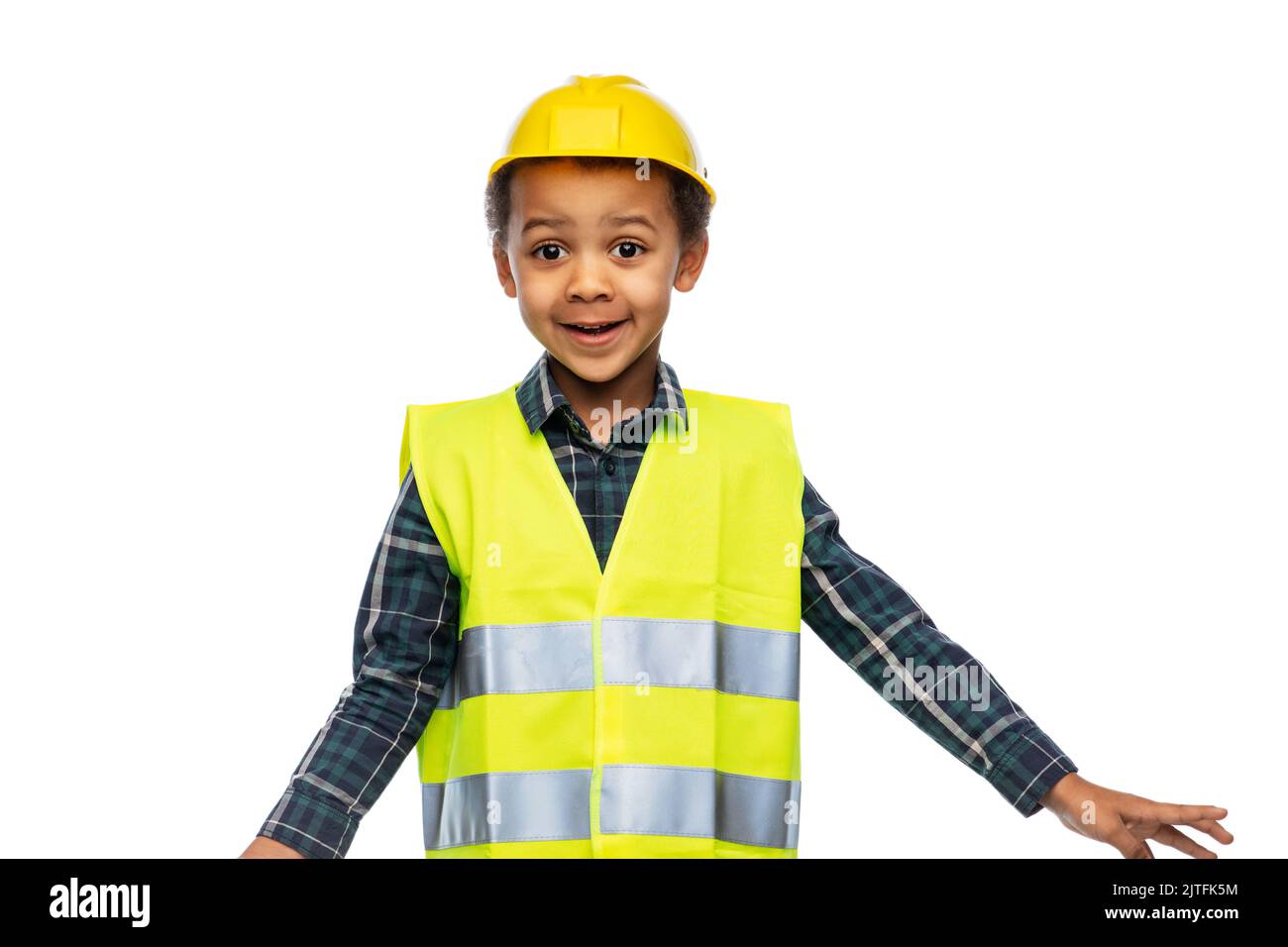 little boy in safety vest and construction helmet Stock Photo - Alamy