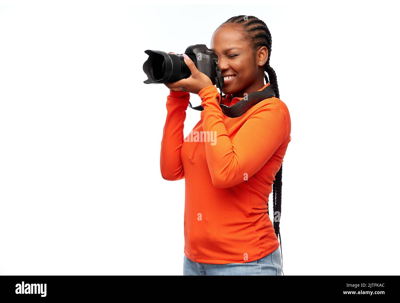 happy woman with digital camera Stock Photo - Alamy