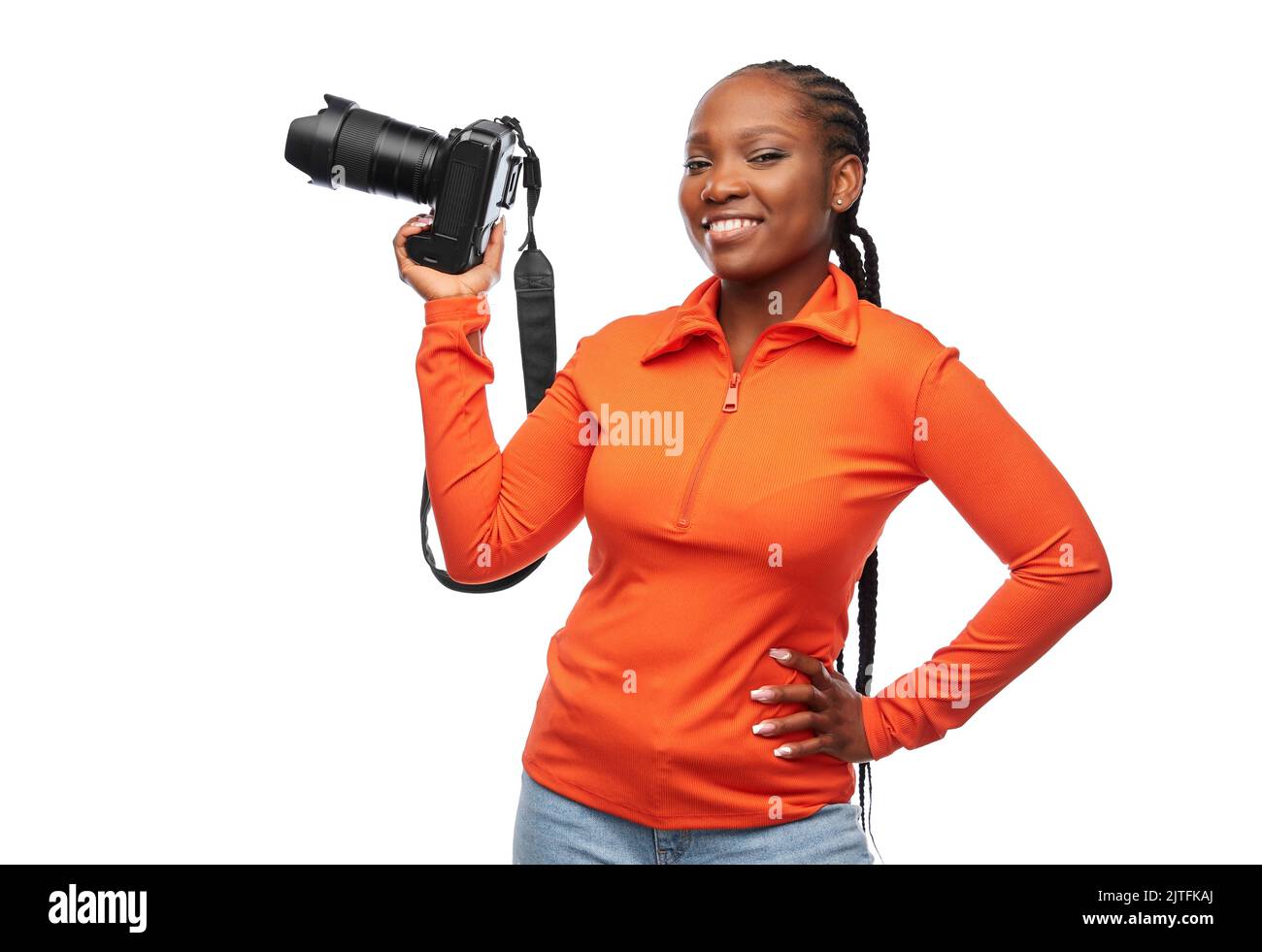 happy woman with digital camera Stock Photo - Alamy
