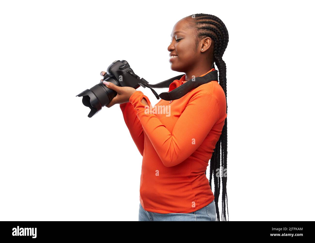 happy woman with digital camera Stock Photo - Alamy