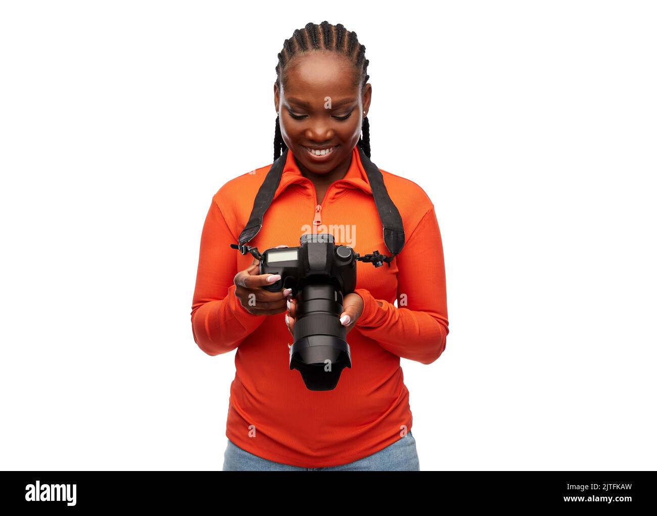 happy woman with digital camera Stock Photo - Alamy