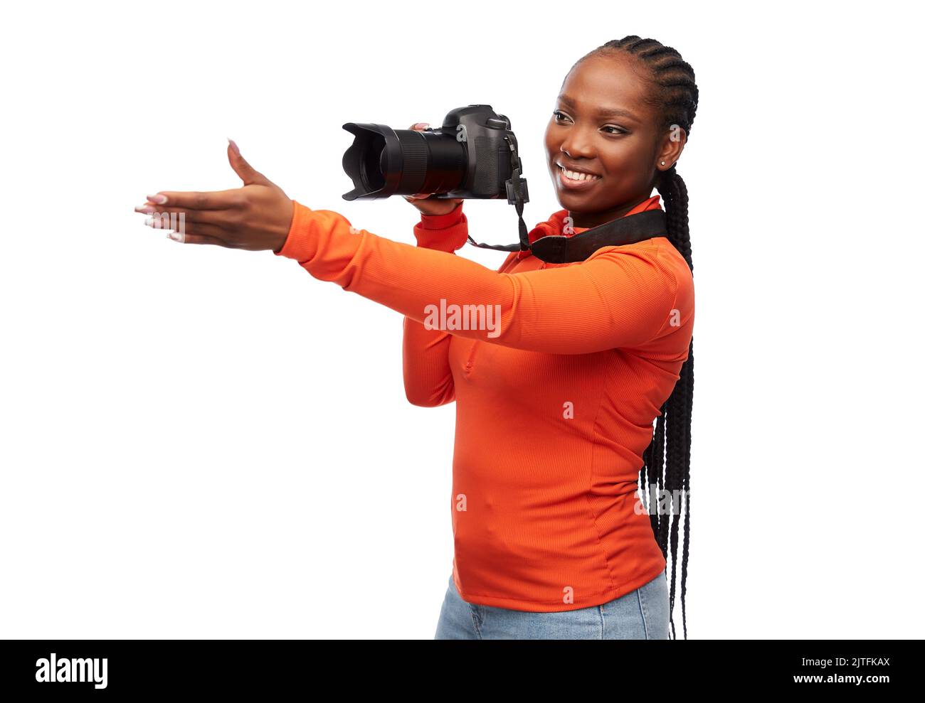 happy woman with digital camera Stock Photo - Alamy