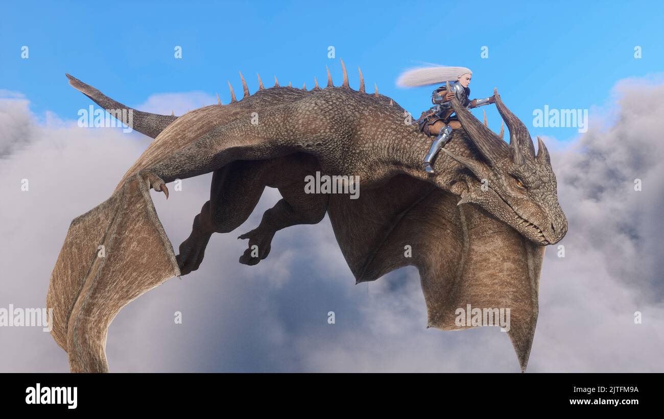 White haired female warrior knight flies on a dragon above the clouds ...