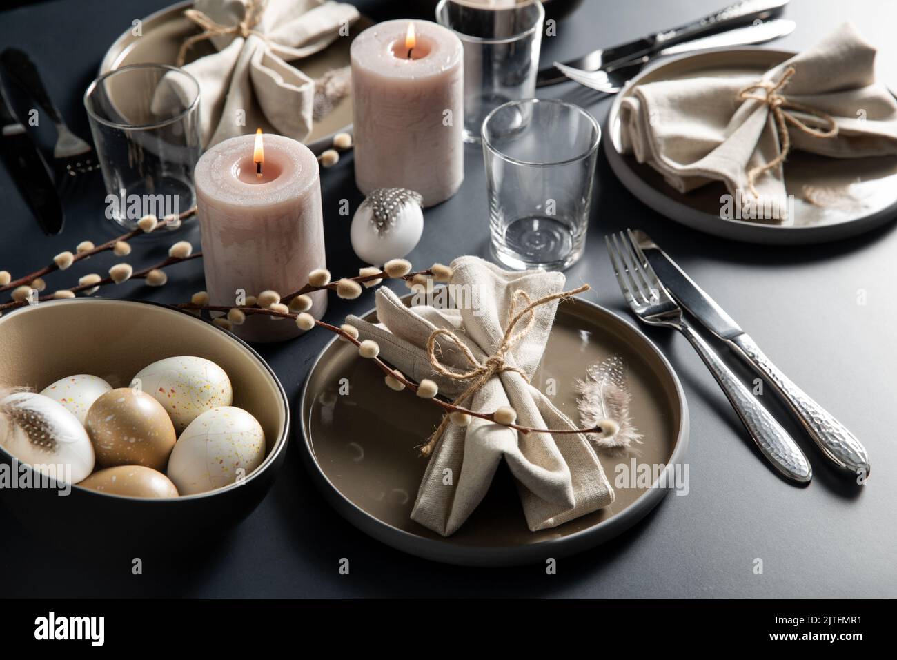 close up of easter table serving over black Stock Photo - Alamy