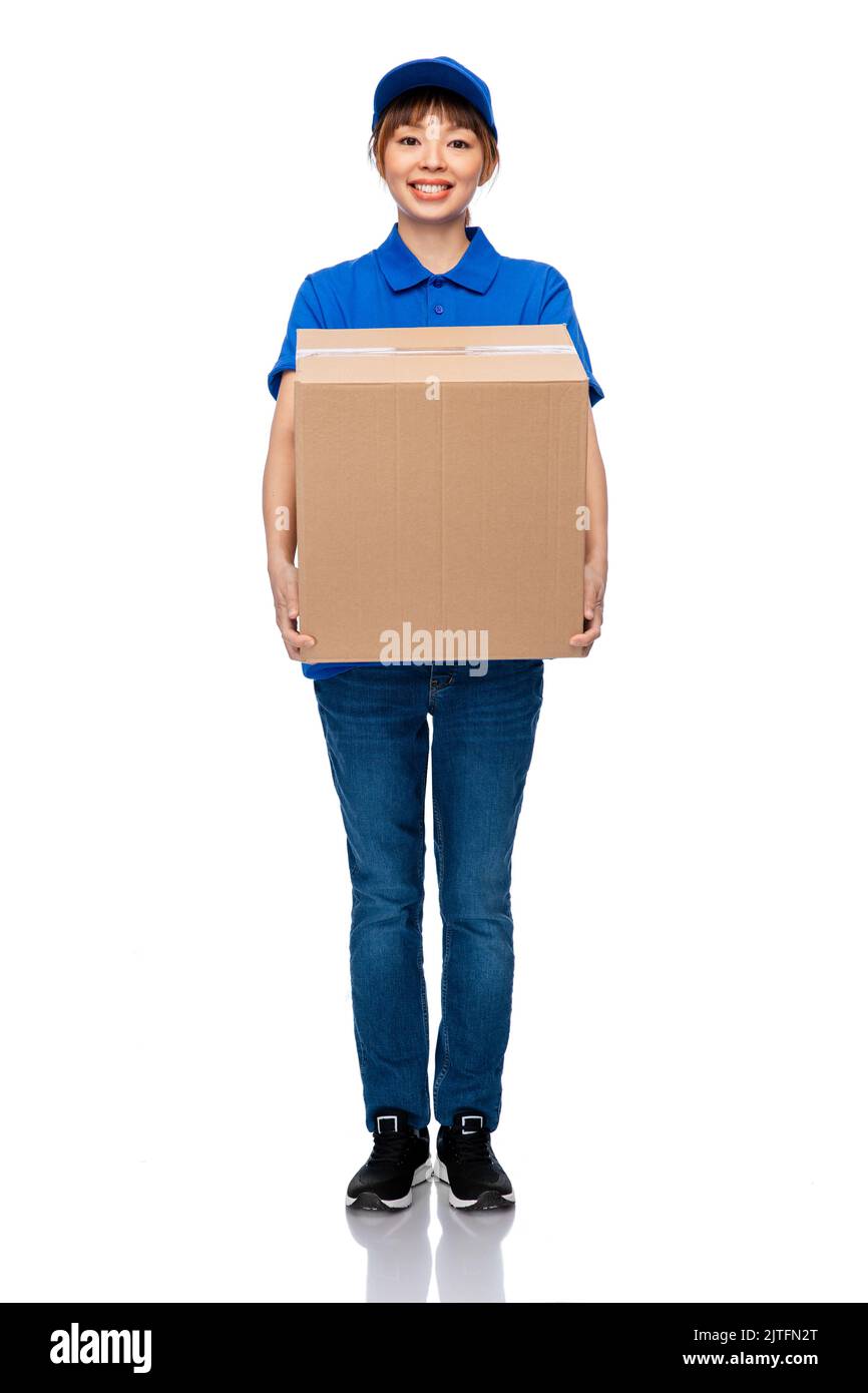 delivery woman in blue uniform with parcel box Stock Photo - Alamy