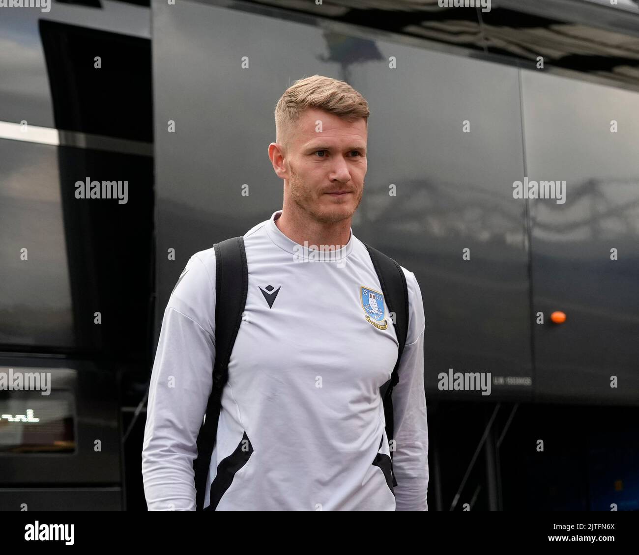 Michael Smith #24 of Sheffield Wednesday arrives at the stadium before ...