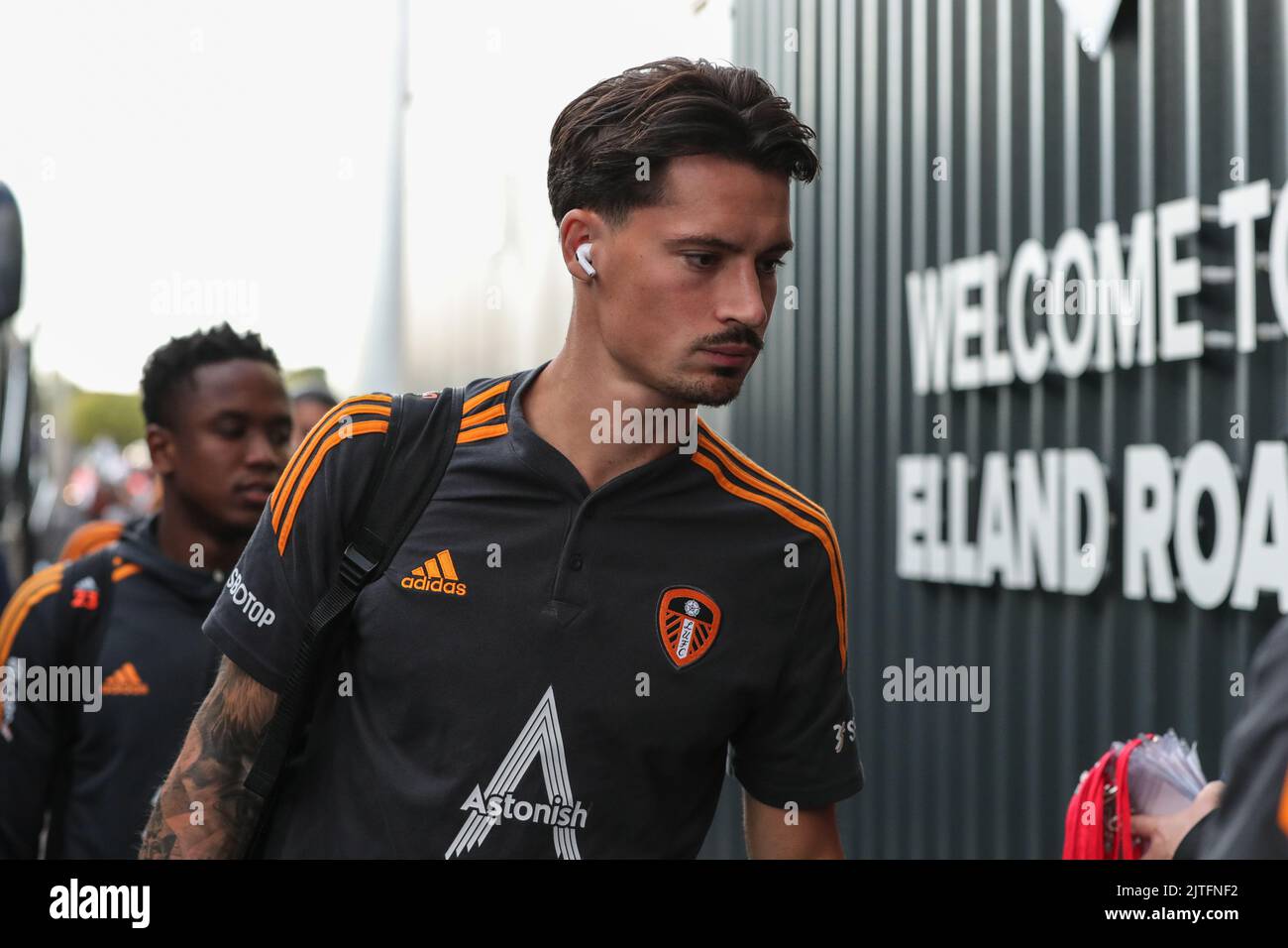 Robin Koch #5 of Leeds United arrives at Elland Road before the Premier ...
