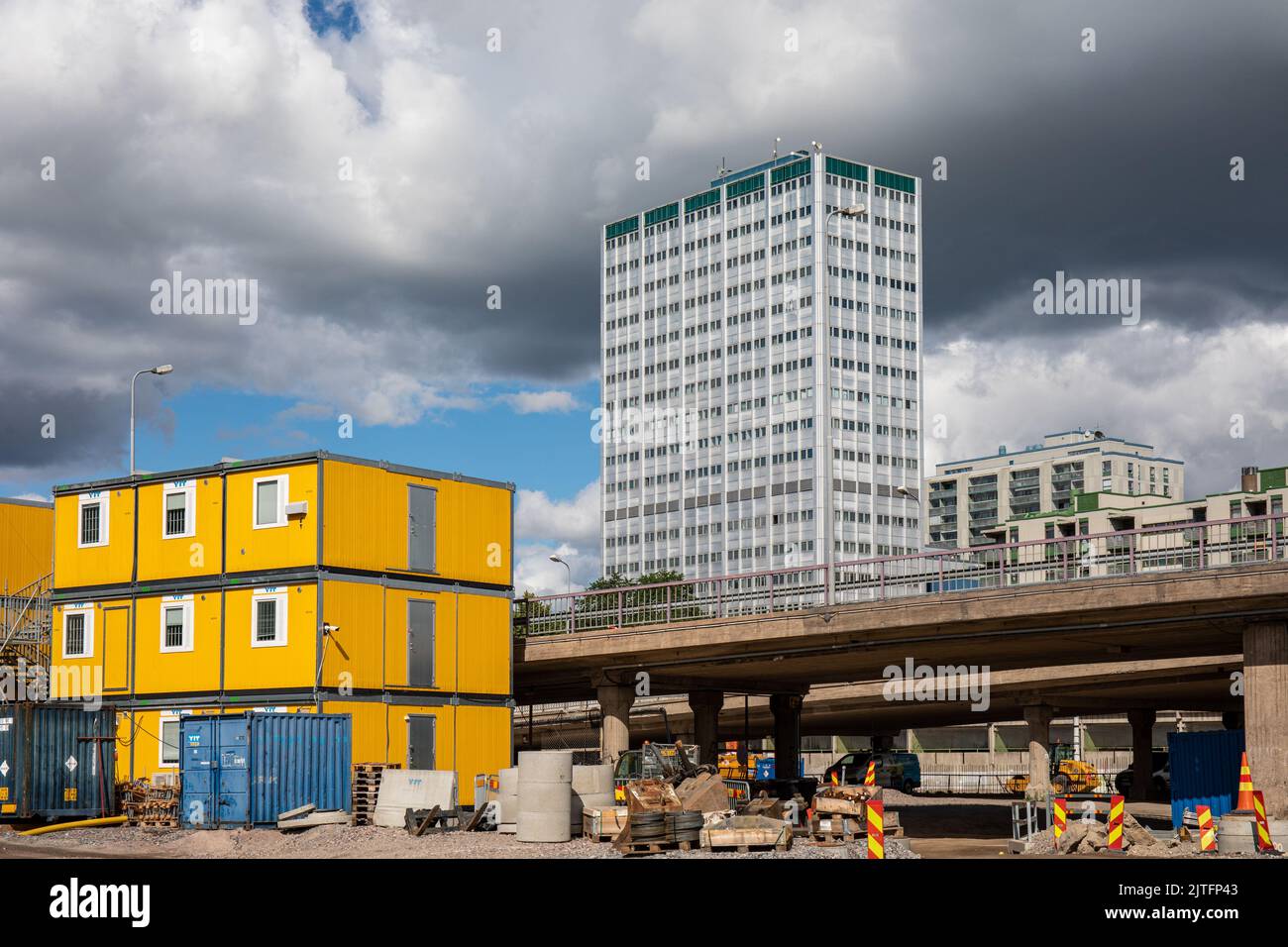 Portable site cabins by Hakaniemen silta or Hakaniemi Bridge with ...
