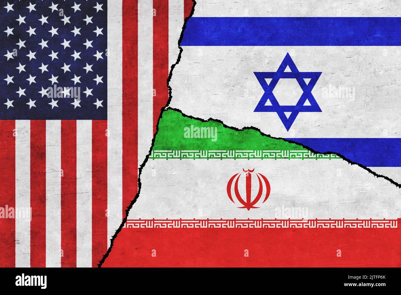 USA, Israel and Iran painted flags on a wall with a crack. United ...
