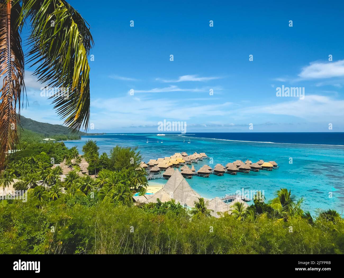 Bora-Bora luxury beach resort sea landscape. Water bungalows, palm ...