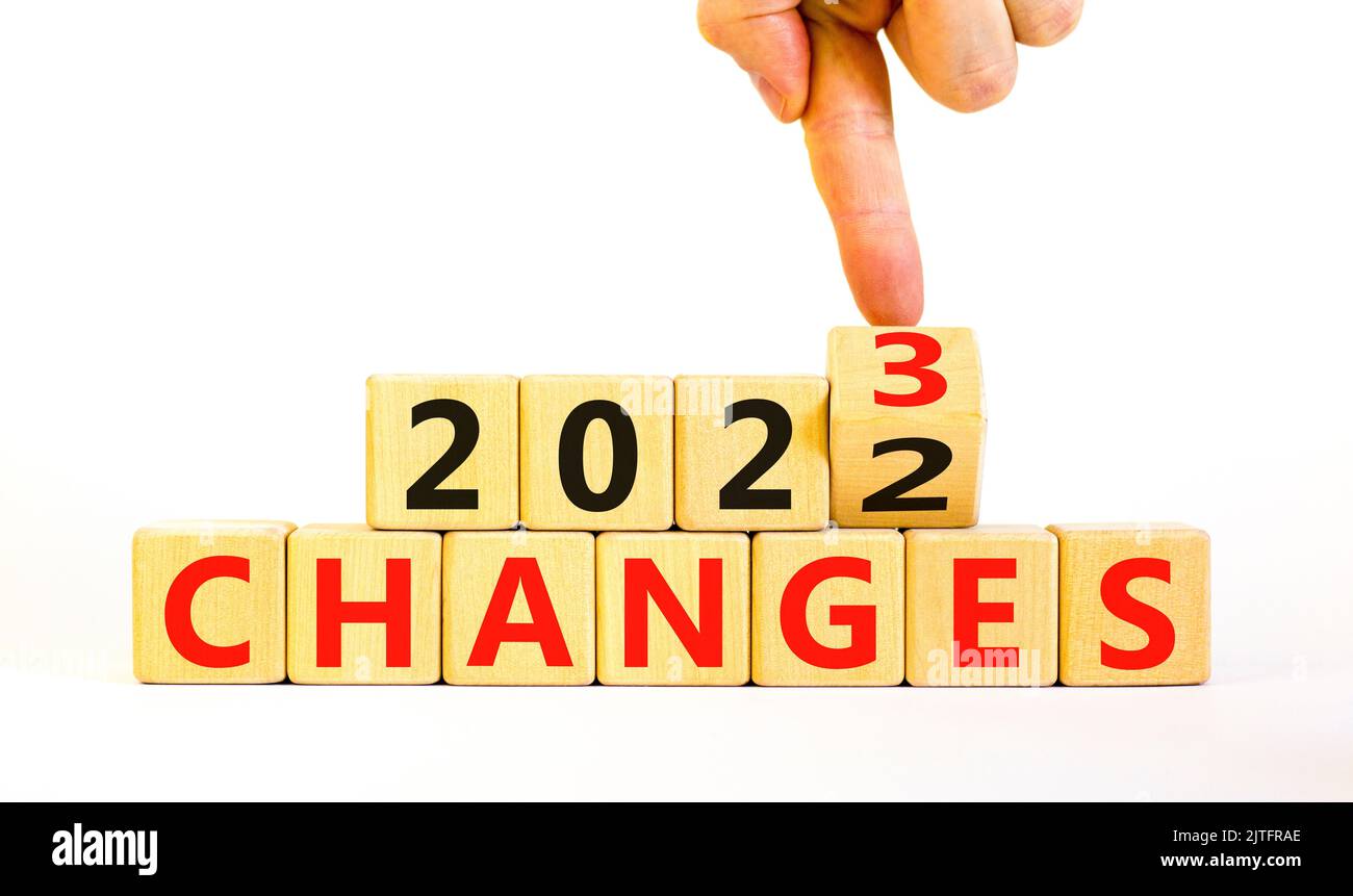 Planning 2023 changes new year symbol. Businessman turns a wooden cube and changes words Changes ...