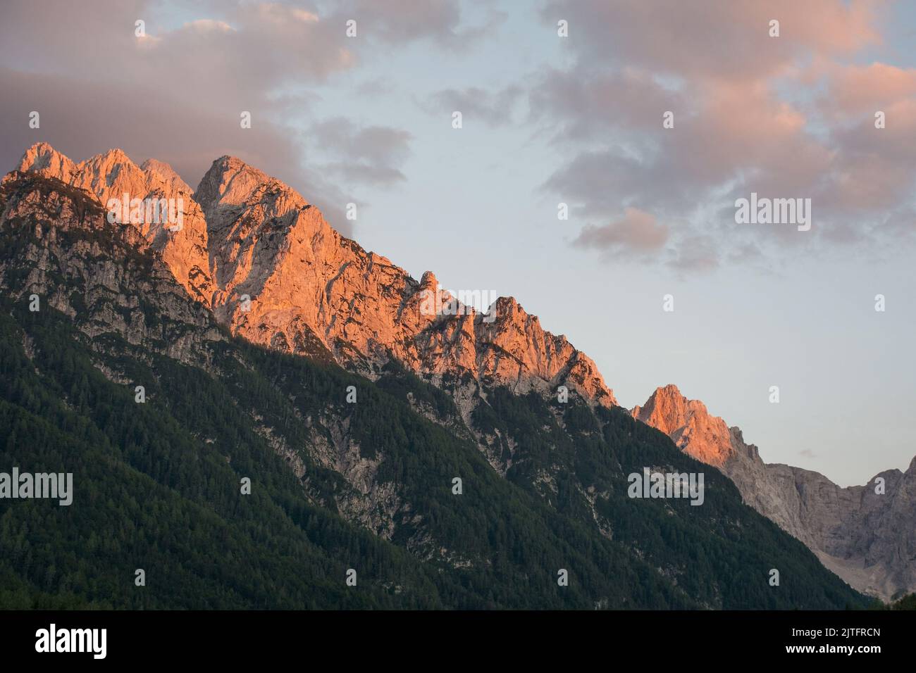 The Alpine landscape at dusk near Kranjska Gora in the Upper Carniola ...