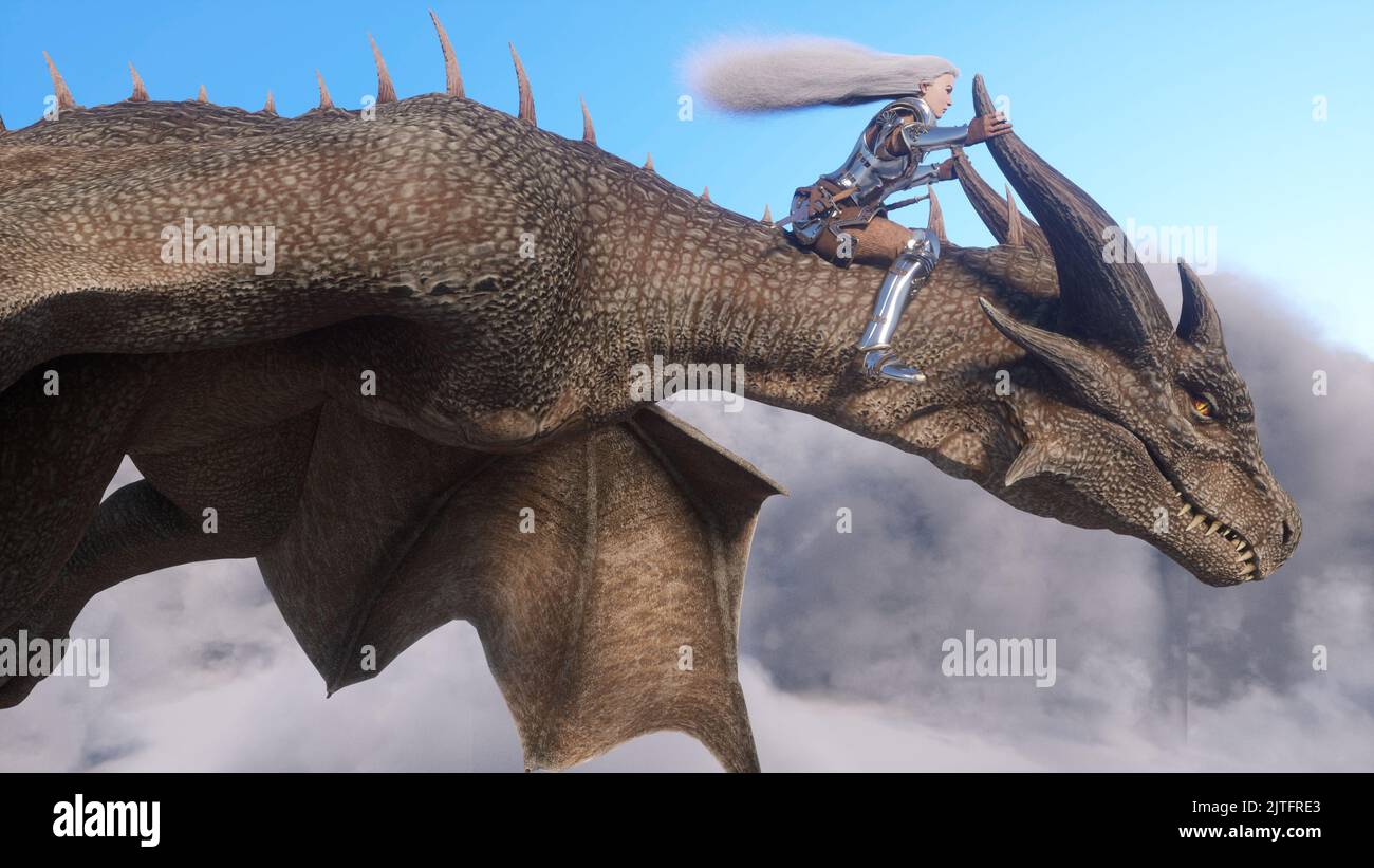 White haired female warrior knight flies on a dragon above the clouds ...