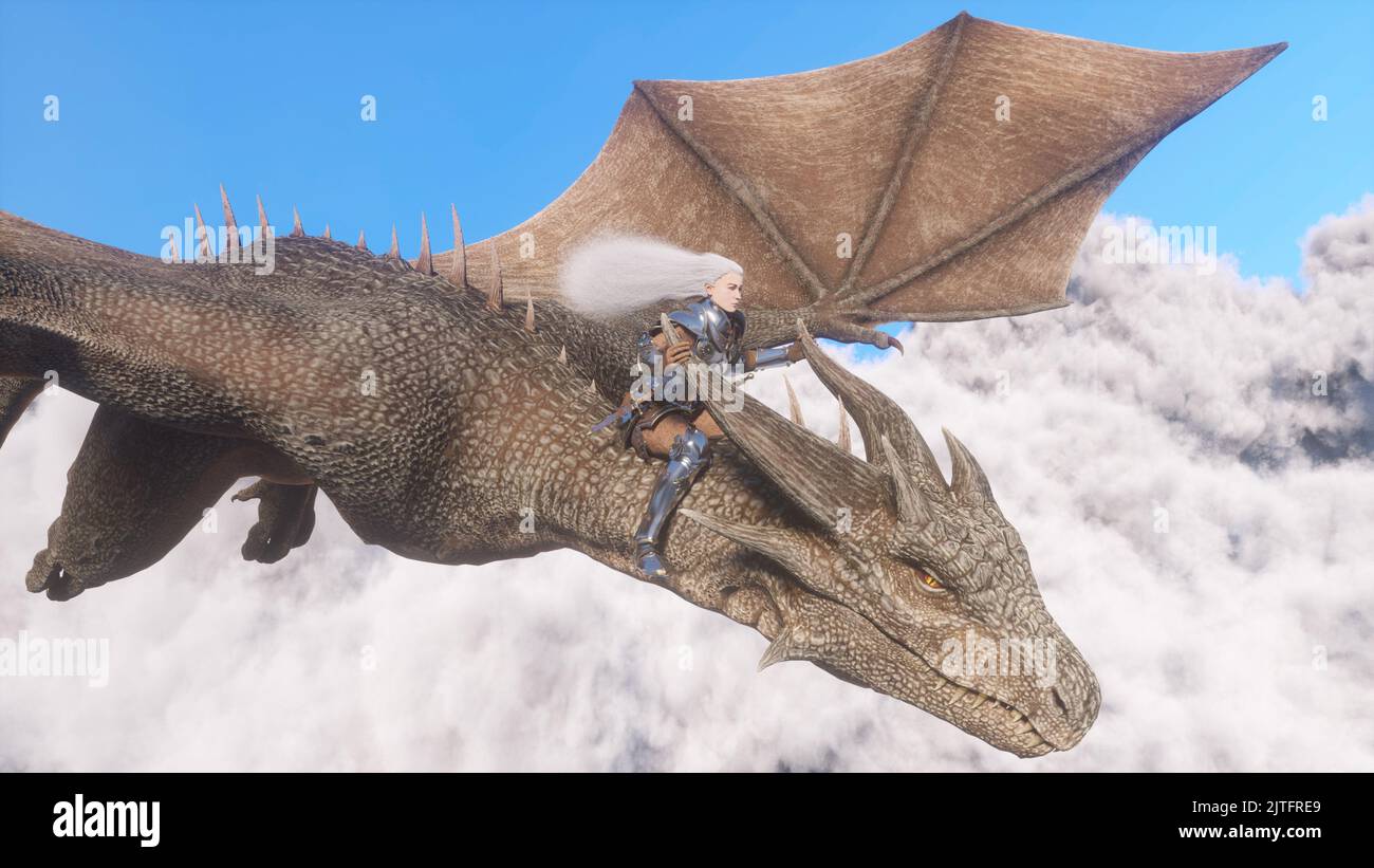 White haired female warrior knight flies on a dragon above the clouds ...