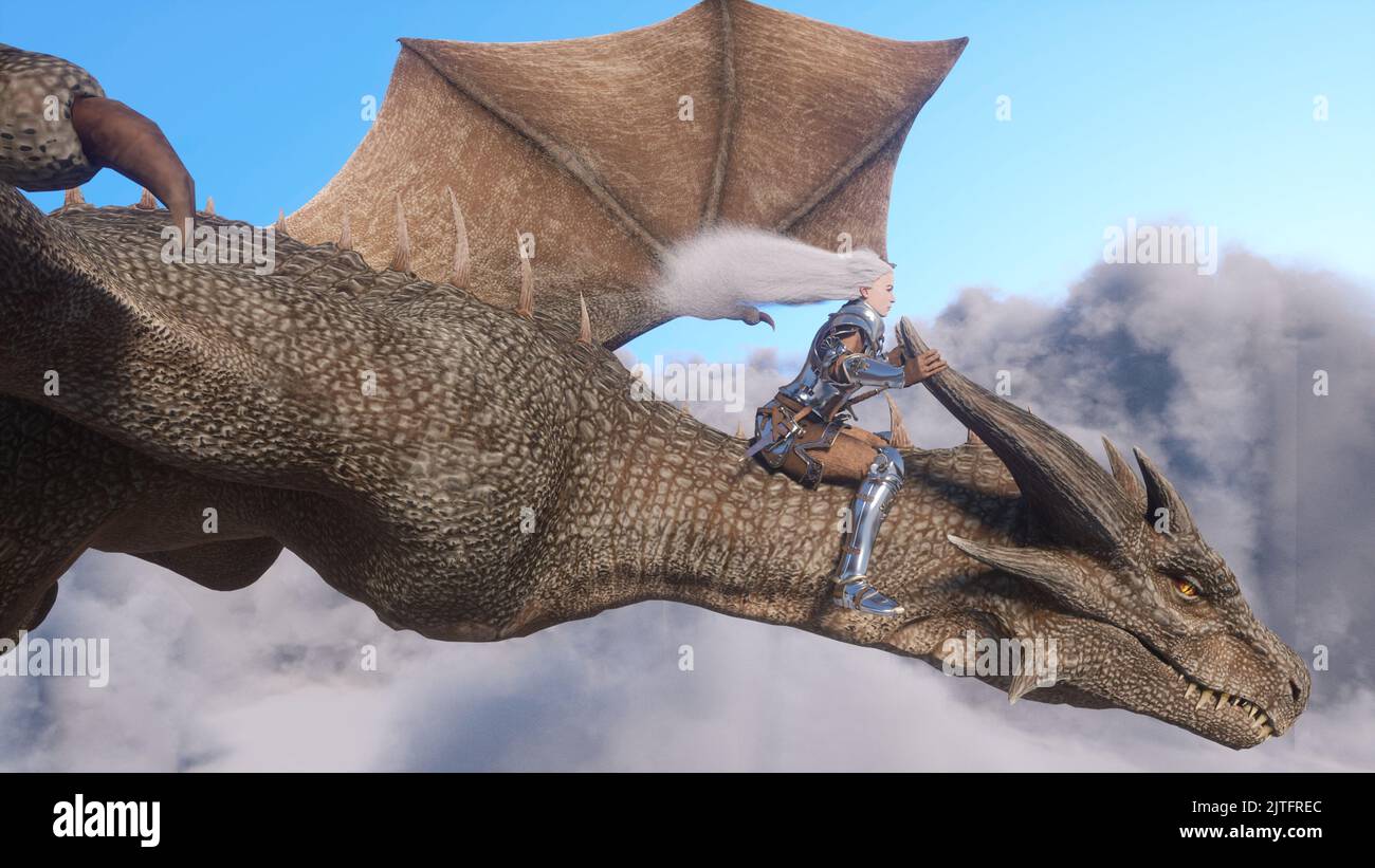 White haired female warrior knight flies on a dragon above the clouds ...