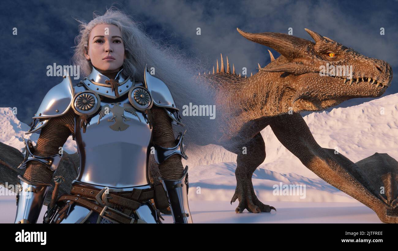 White haired female warrior knight stands with a drawn sword and a ...