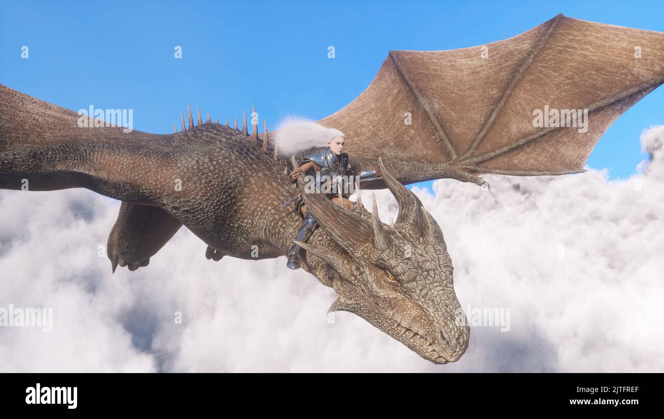 White haired female warrior knight flies on a dragon above the clouds ...