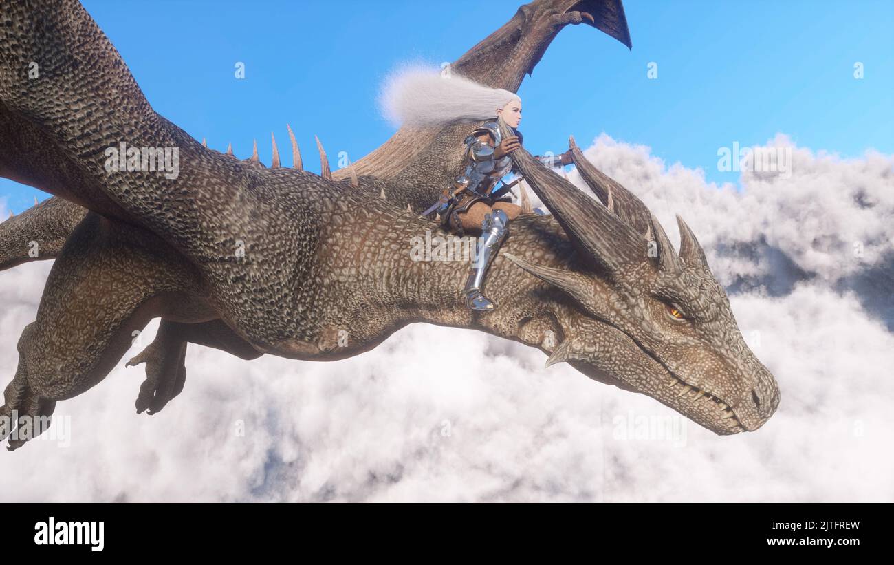 White haired female warrior knight flies on a dragon above the clouds ...