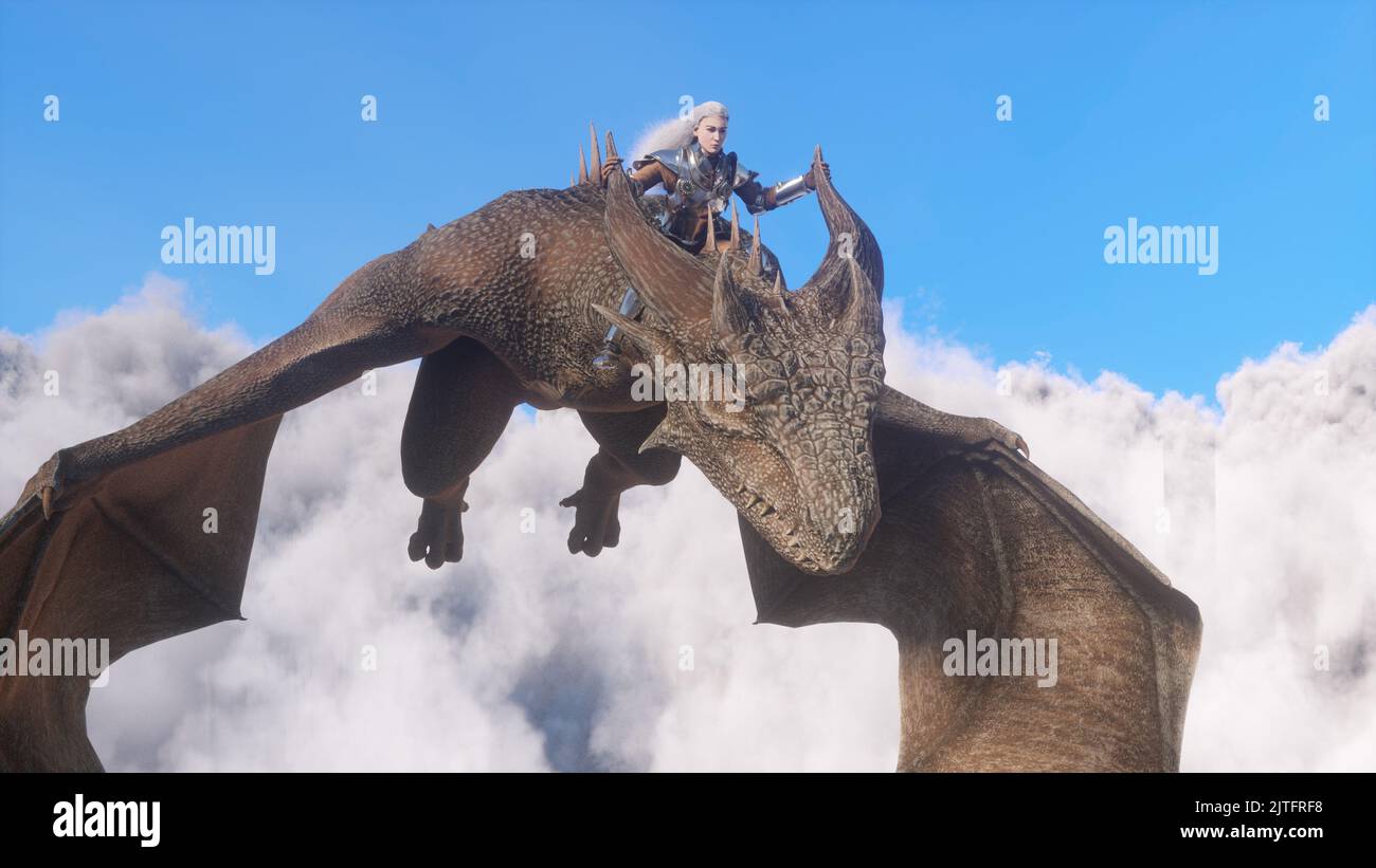 White haired female warrior knight flies on a dragon above the clouds ...