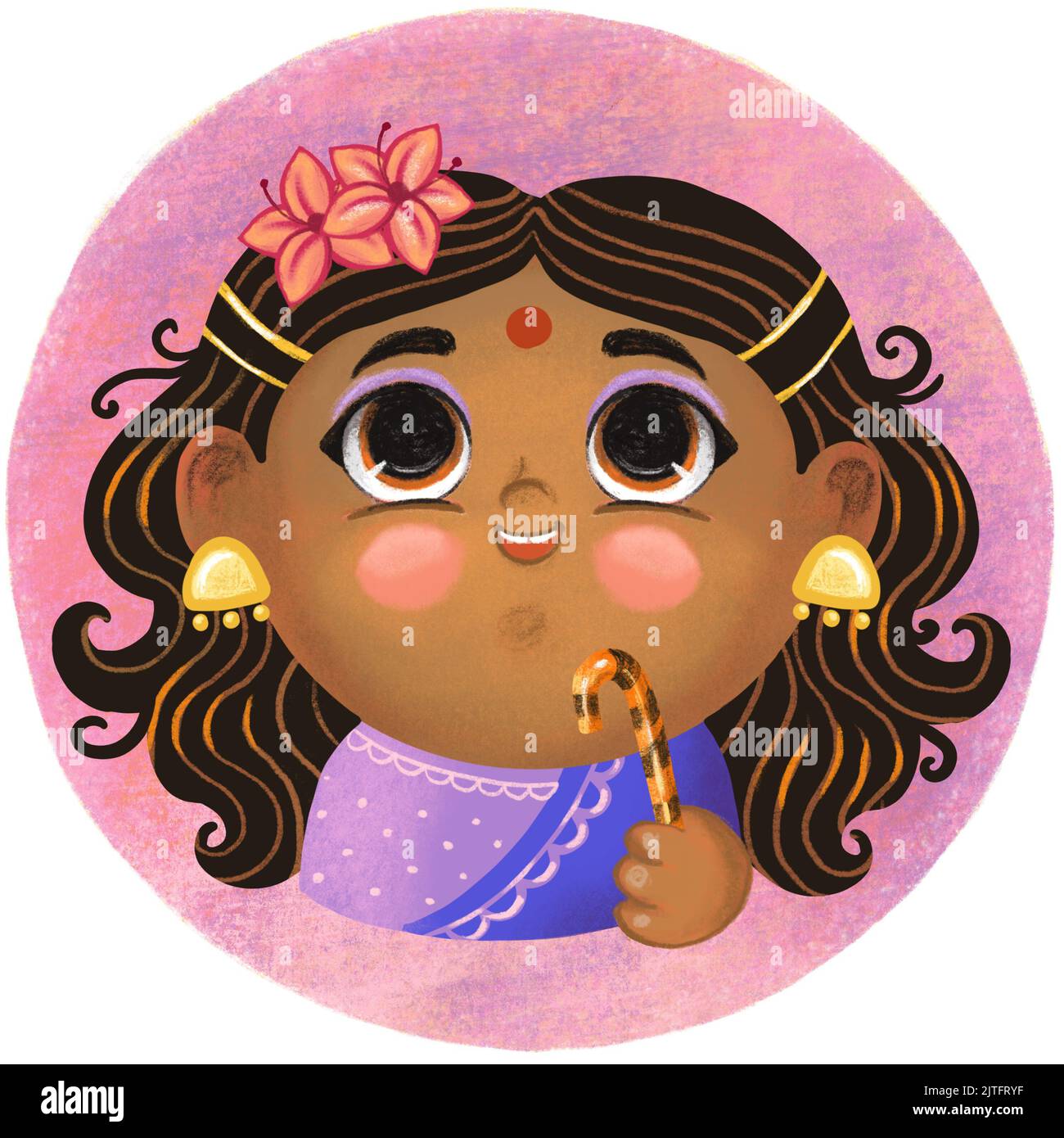 Portrait of a happy cute girl in a Indian Princess costume looking into ...