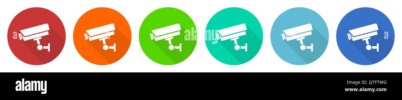 Cctv camera icon set, flat design vector illustration in 6 colors ...