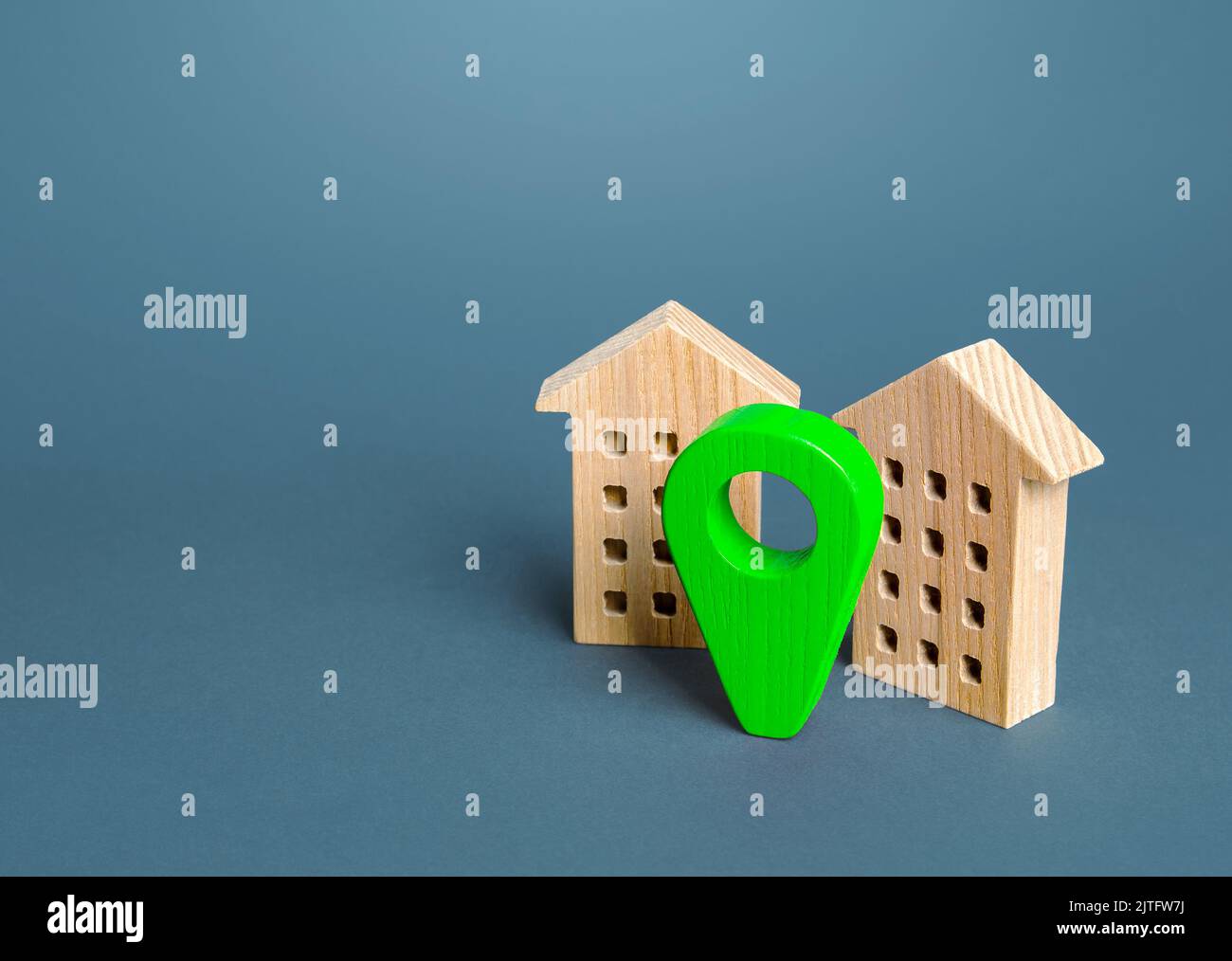 Residential buildings and green location pin. Delivery service ...