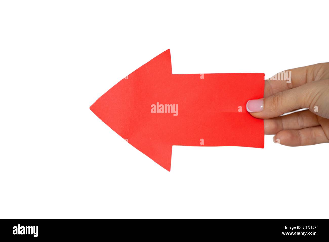Red forward arrow in the girl's hand on a white background, red arrow ...