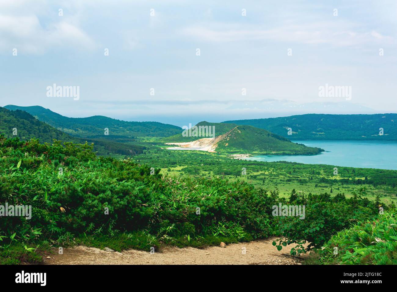 natural landscape of Kunashir island, view of the Golovnin volcano ...