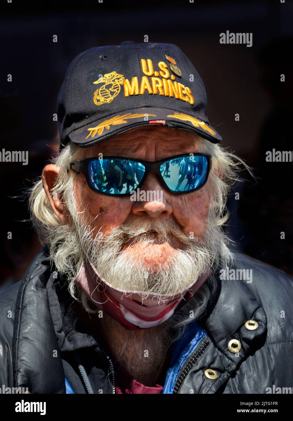 An elderly American U.S. Marine Corps veteran with a beard in Santa Fe ...